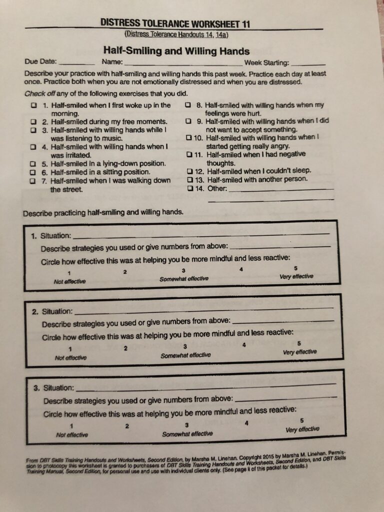 Homework Distress Tolerance Half Smiling Worksheet R Dbtselfhelp - DBT ...